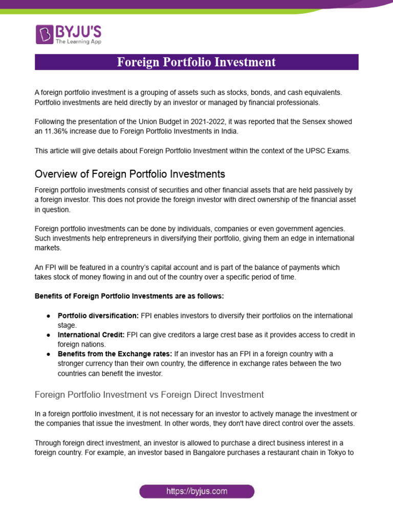 Foreign Portfolio Investment | PDF | Investing | Foreign Direct Investment