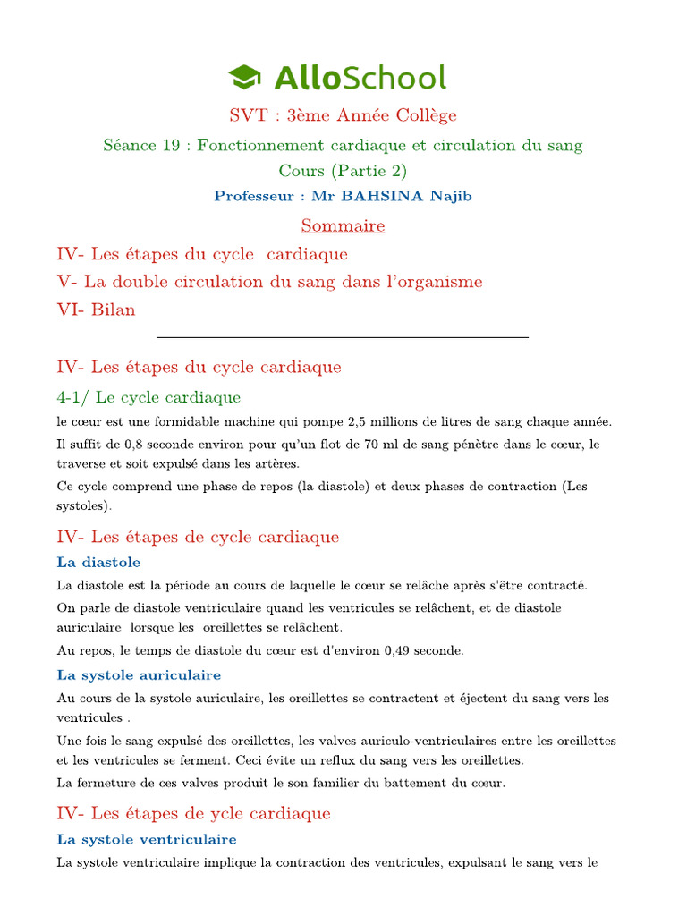 Seance 19 Fonctionnement Cardiaque Et Circulation Du Sang Cours Partie ...