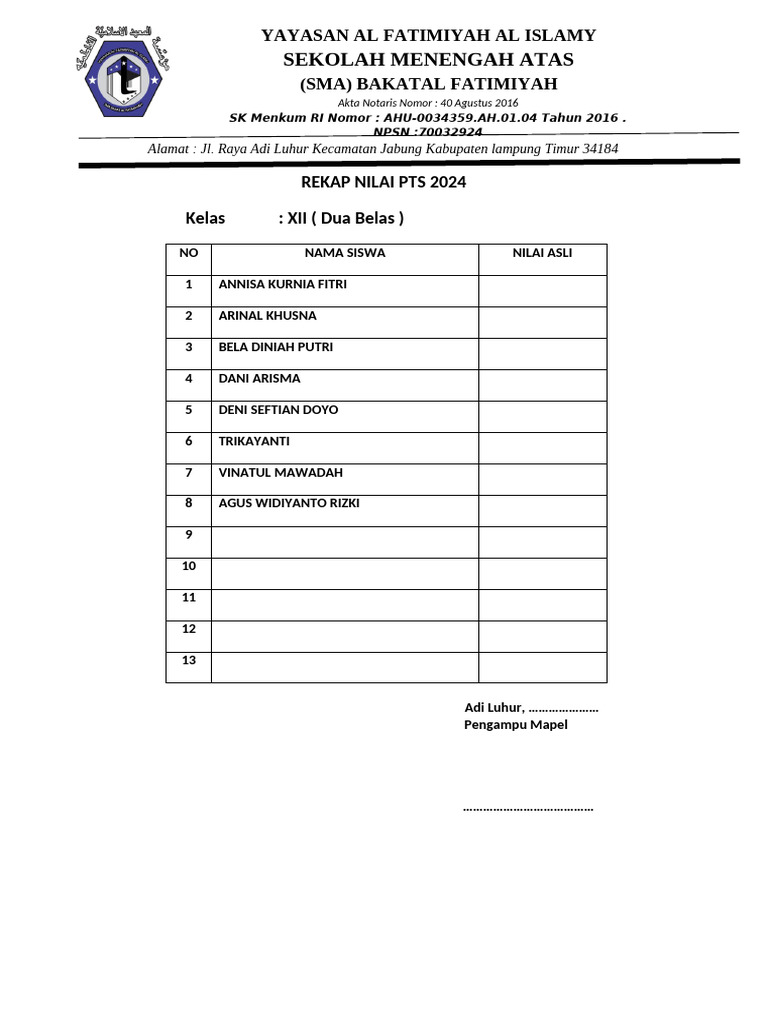 Blangko Nilai PTS 2024 | PDF