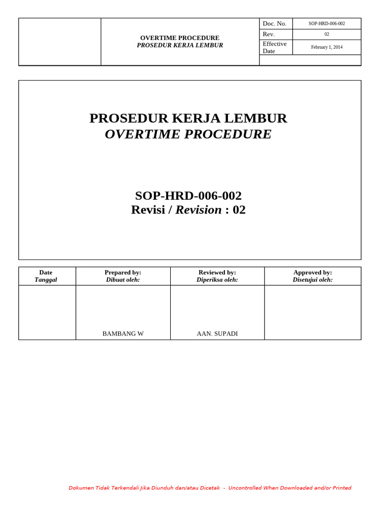 Sop-Hrd-Prosedur Kerja Lembur | PDF