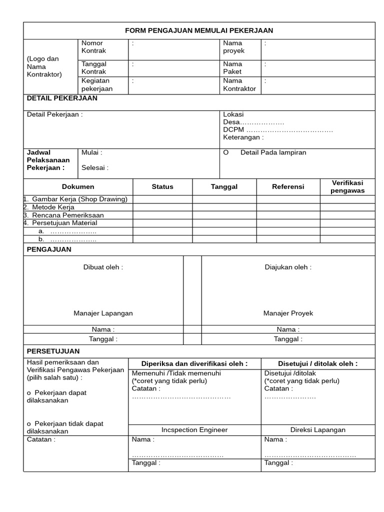 F-01 Format Pengajuan Memulai Pekerjaan | PDF