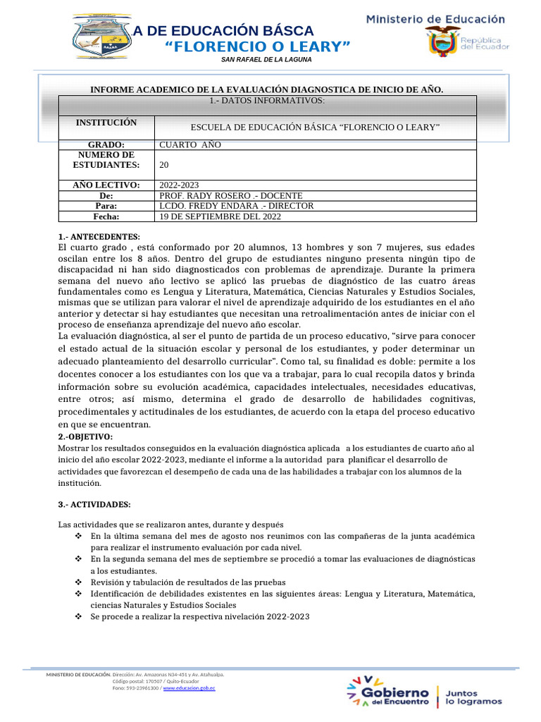 Informe Academico De La Evaluacion Diagnostica I Pdf 1675