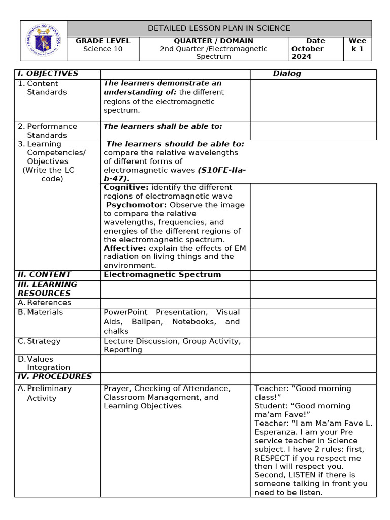 lesson plan in electromagnetic spectrum | PDF