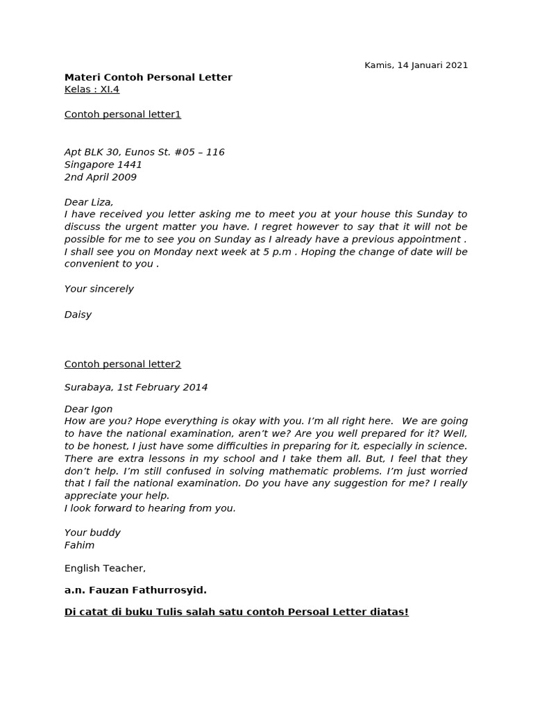 Materi Contoh Personal Letter_XI.4 | PDF