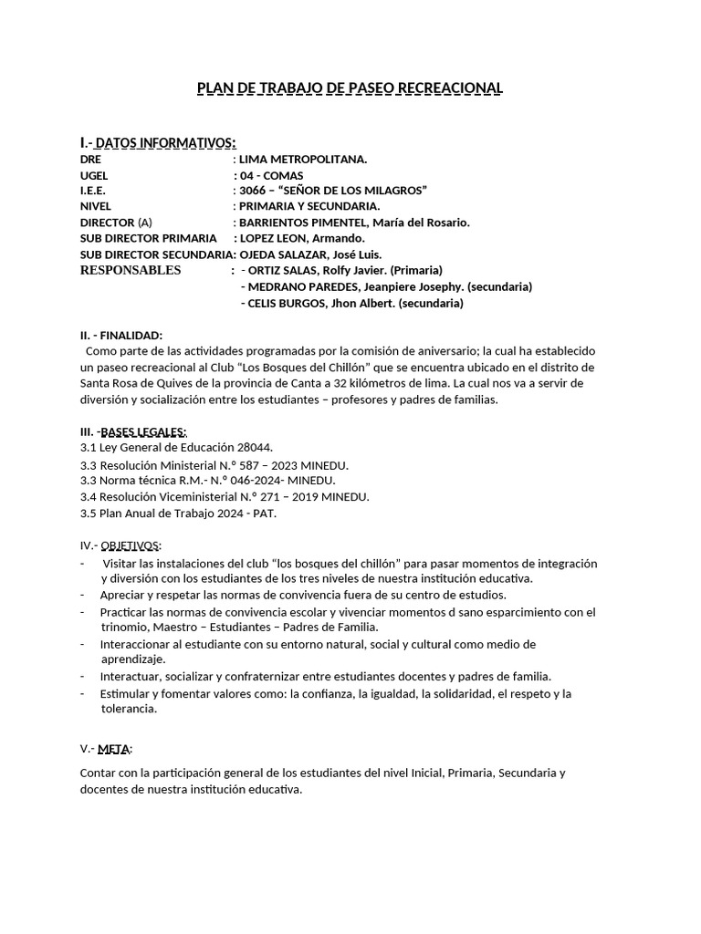 PLAN DE TRABAJO DE PASEO RECREACIONAL | PDF