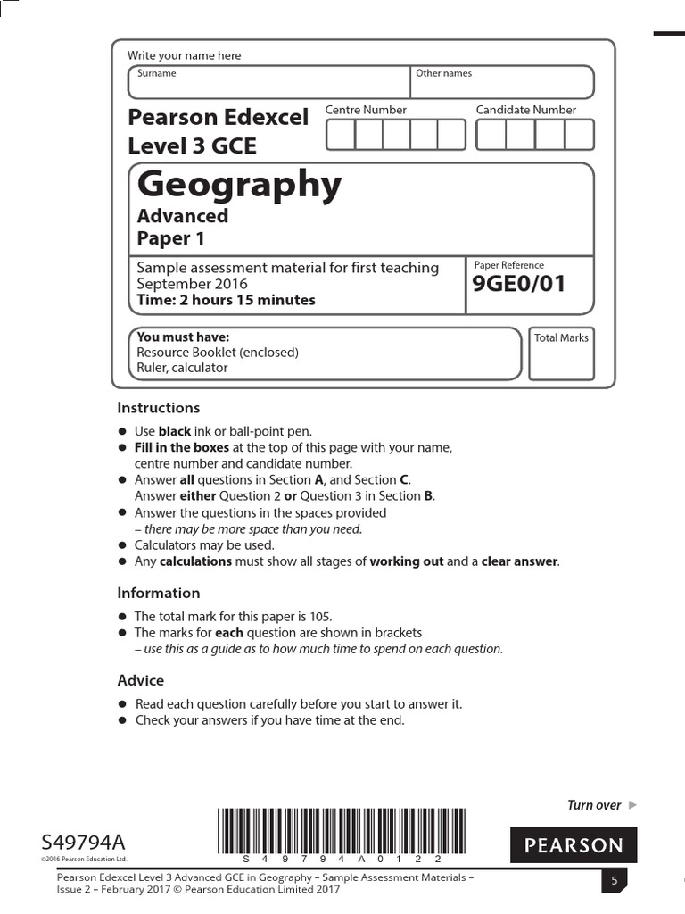 Specimen QP - Paper 1 Edexcel Geography A-level | PDF