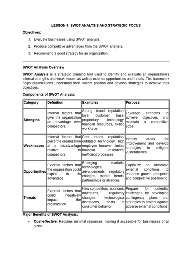 Lesson 4 Swot Analyses and Strategic Focus | PDF | Swot Analysis | Business