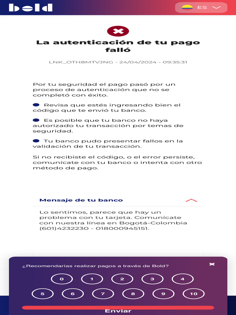 Error de Autenticación de Pago Bold | PDF