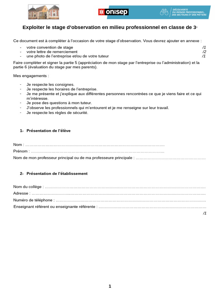 Fiche Élève 3e - Rapport de Stage Collège Jean Racine | PDF