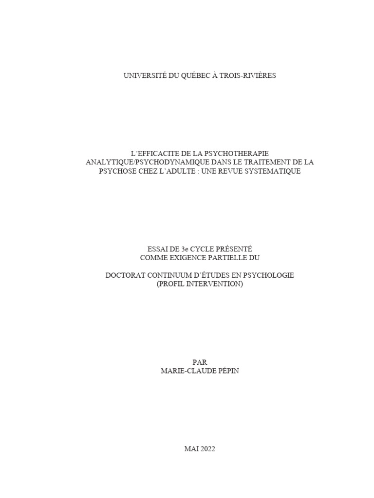 Efficacité de La Psychothérapie Psychodyn Dans Le Traitement de La ...