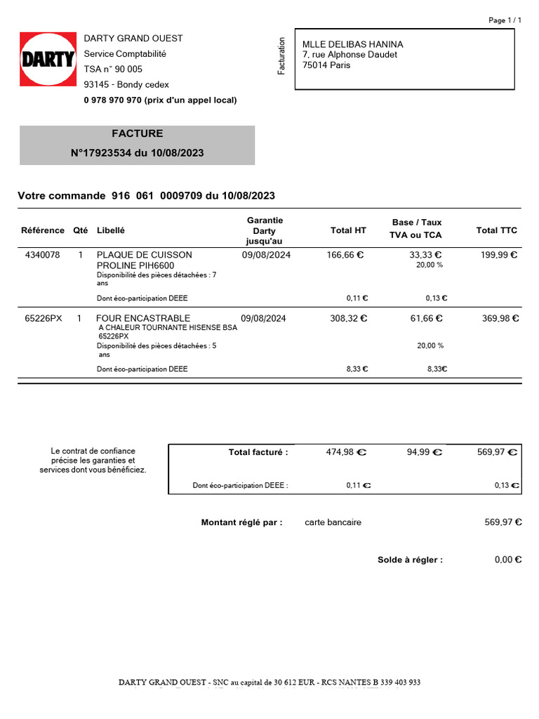 Facture-Darty-DELIBAS HANINA | PDF