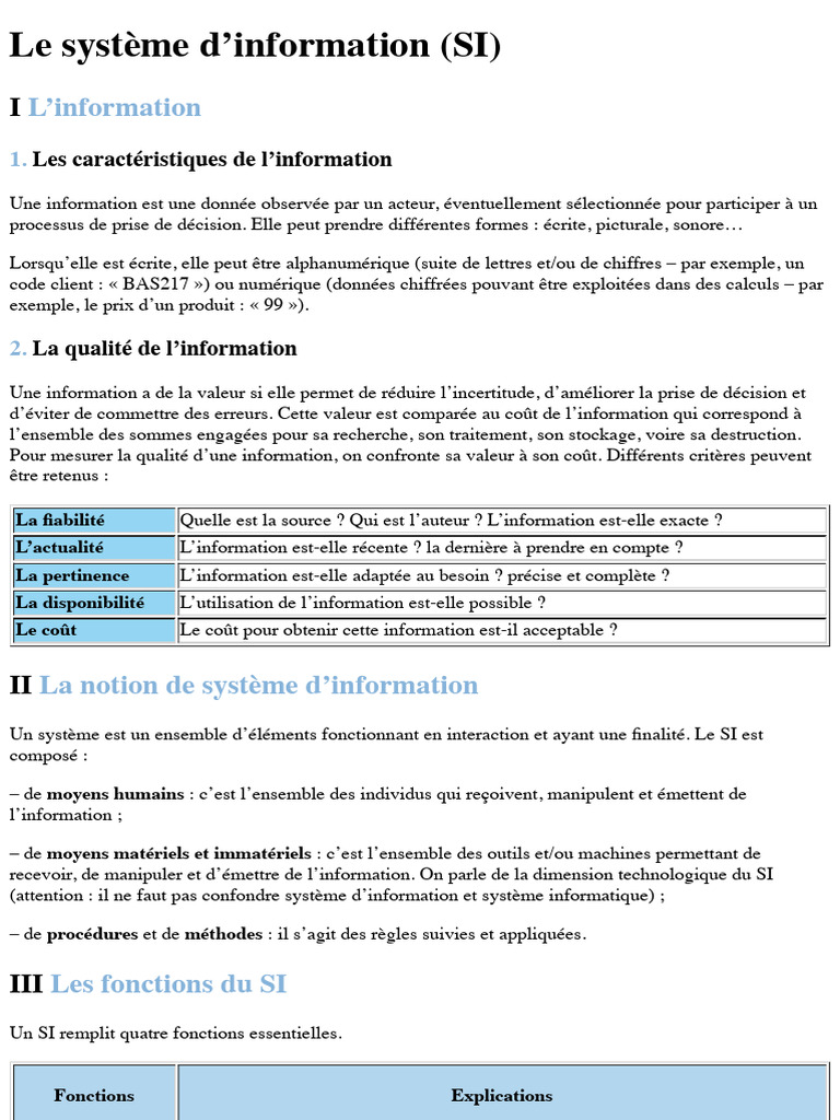 Fiche Ressource 1 - Le Système D'information (SI) | PDF