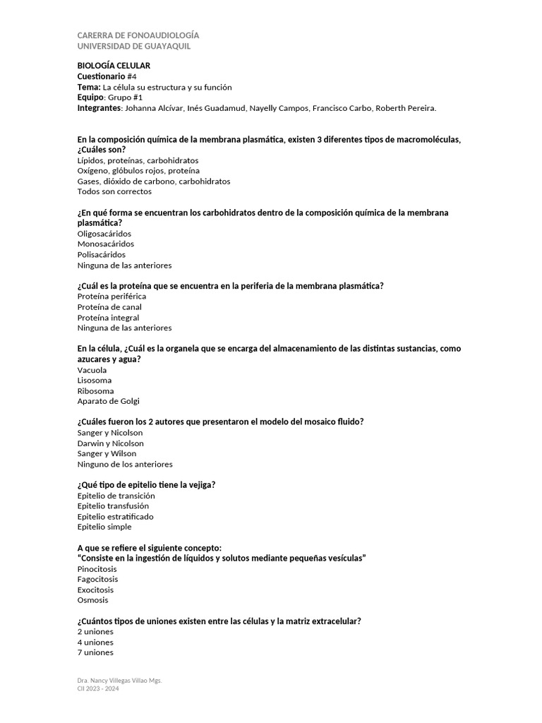 Cuestionario Biología Celular | PDF