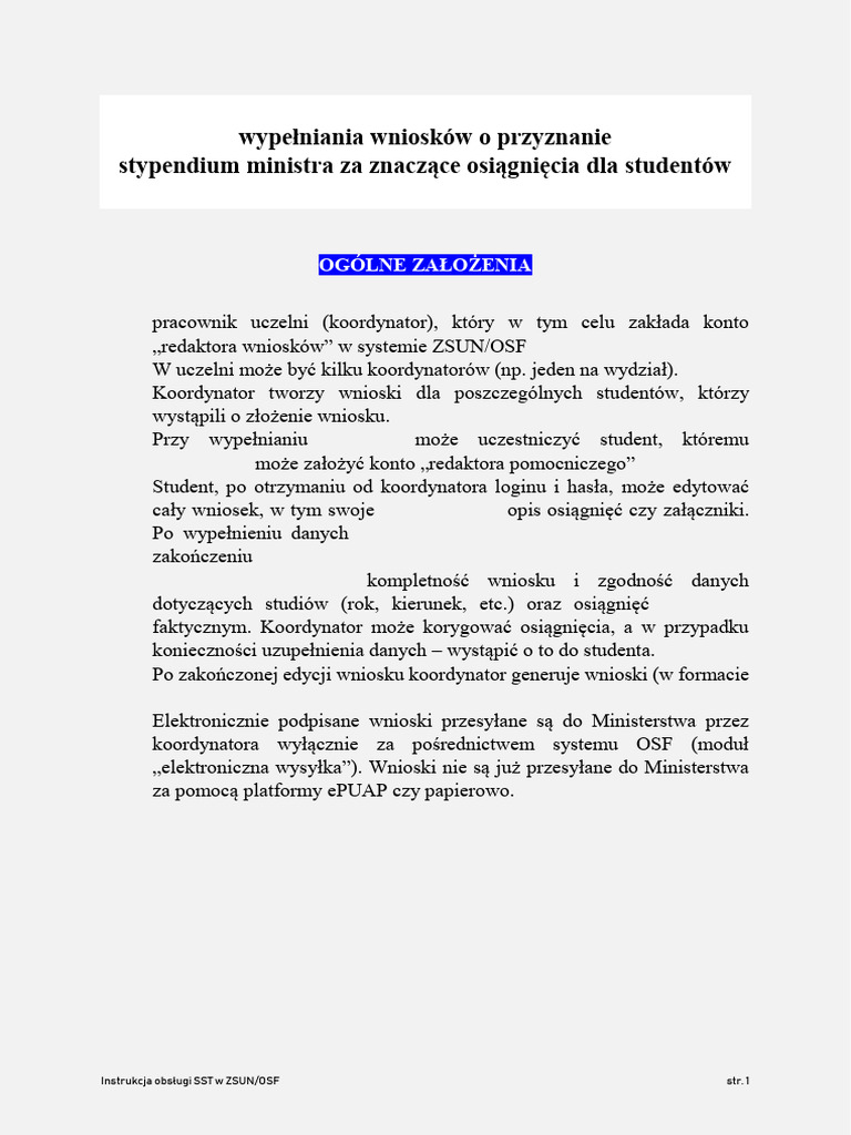 Instrukcja Stypendia Ministra Wniosek Student OSF v2 | PDF