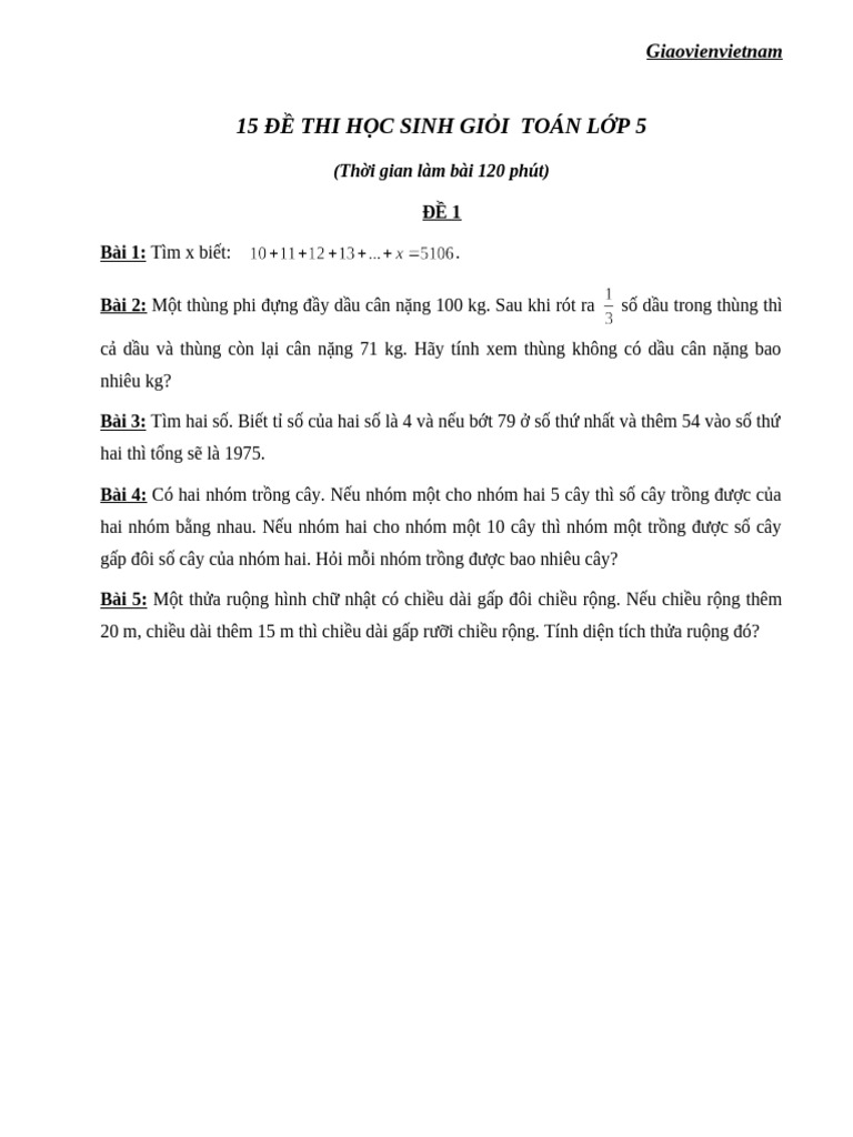 15 de Luyen Thi Hoc Sinh Gioi Mon Toan Lop 5 | PDF
