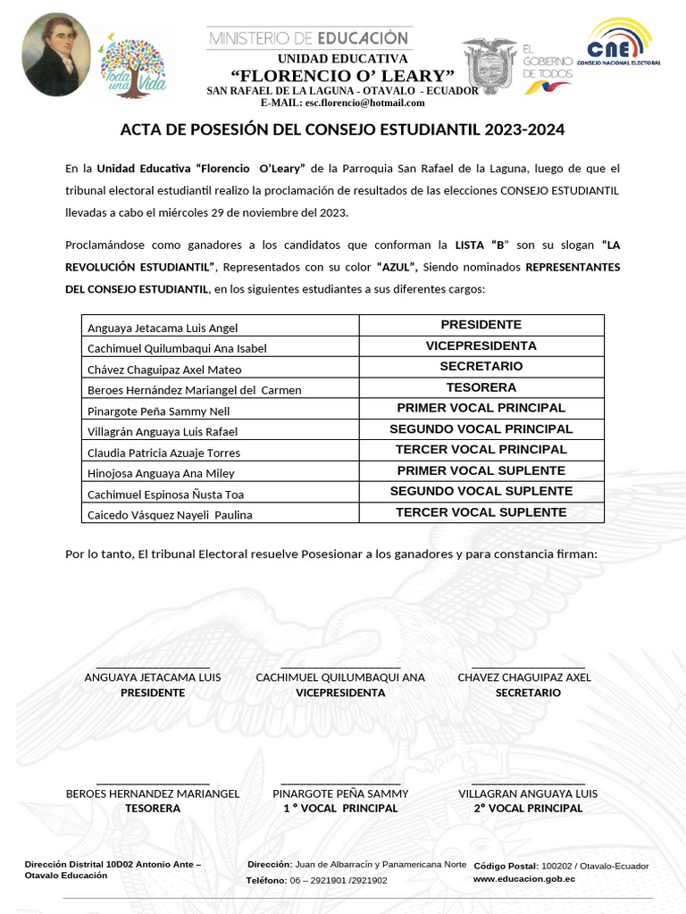 ACTA POSESIÓN GOBIERNO ESTUDIANTIL 2022-2023 | PDF