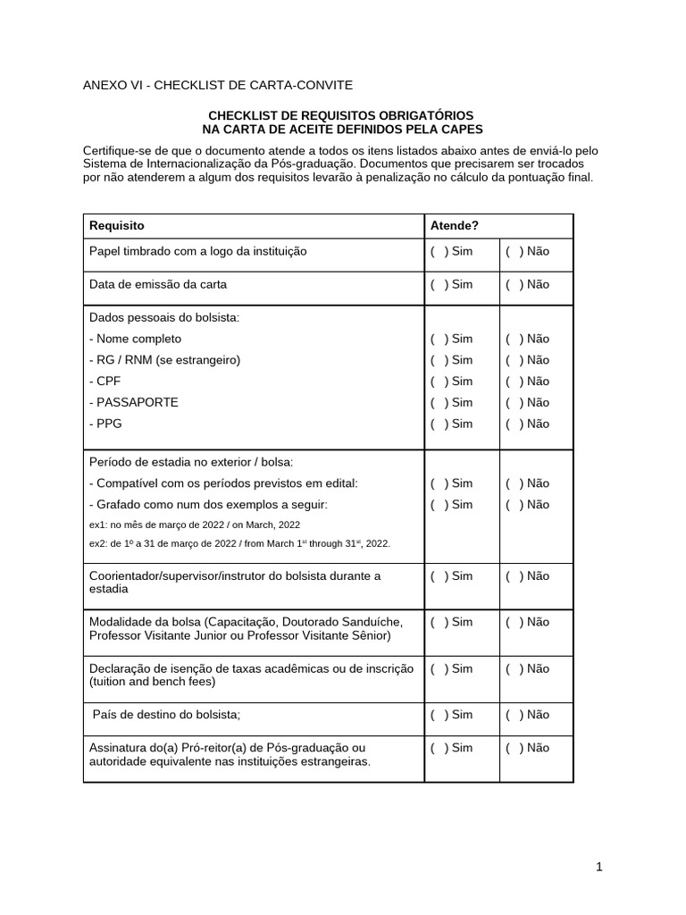 Edital PrInt 2022 - Checklist de Carta Convite em Inglês | PDF