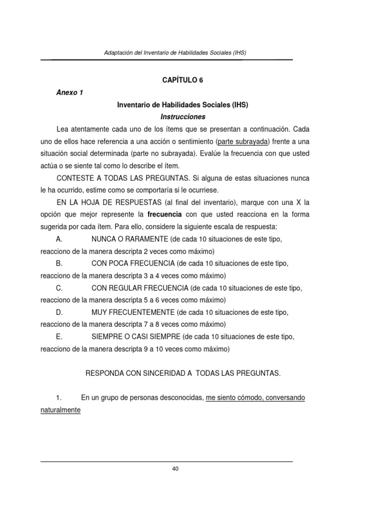 Anexo 1: Capítulo 6 Inventario de Habilidades Sociales (IHS) | PDF