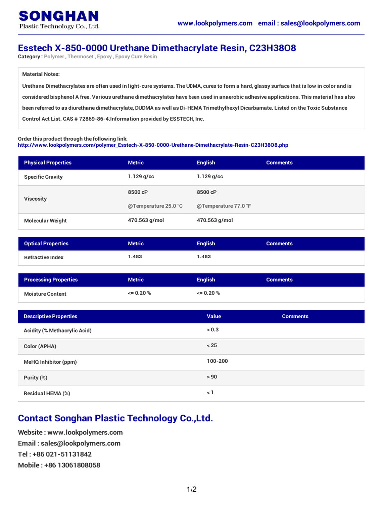 Esstech X 850 0000 Urethane Dimethacrylate Resin C23H38O8 | PDF
