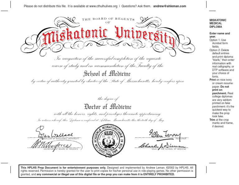 H.P. Lovecraft Historical Society - Miskatonic University Diploma ... H.P. Lovecraft Historical Society - Miskatonic University Diploma ...