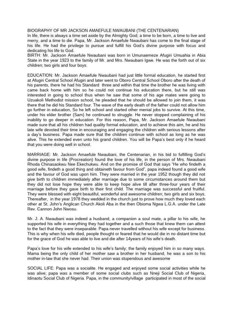 Biography of MR Jackson Amaefule Nwaubani | PDF | Marriage