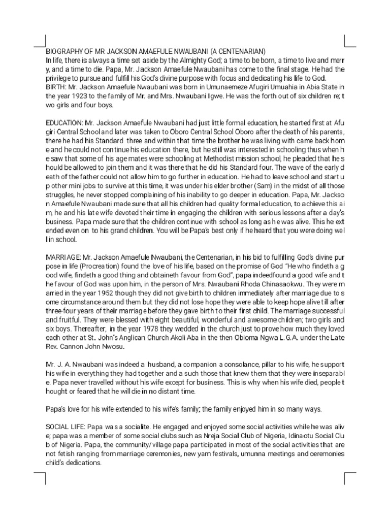 Biography of MR Jackson Amaefule Nwaubani 1 - 111115 - Phoenix | PDF