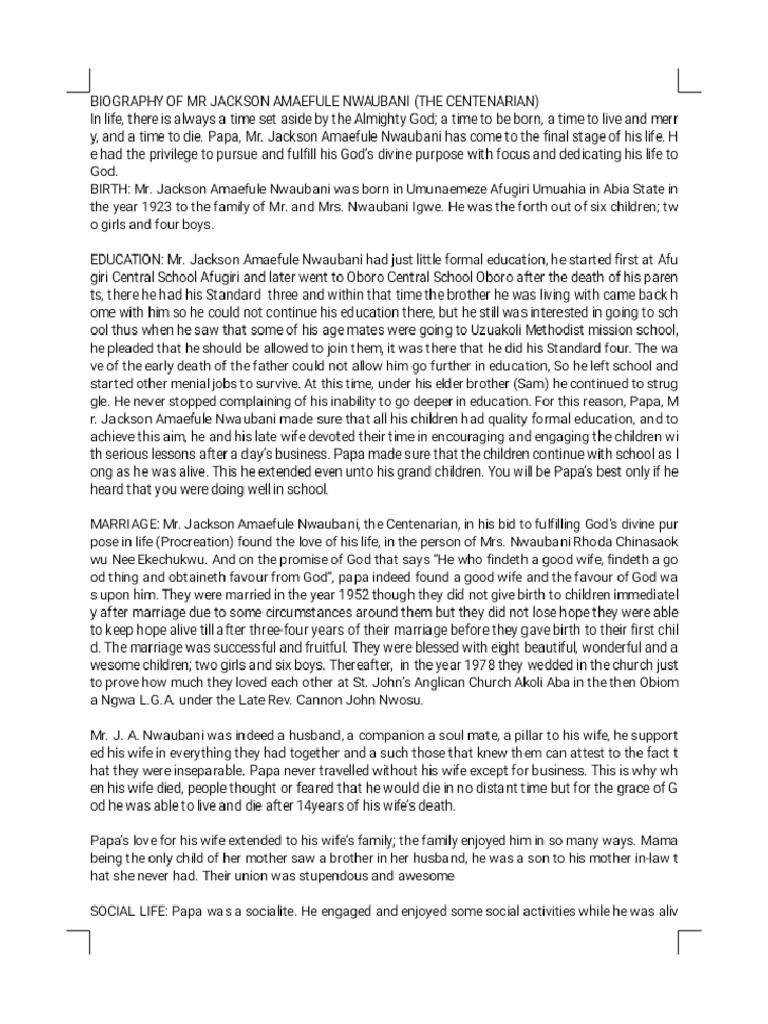 Biography of MR Jackson Amaefule Nwaubani - Phoenix | PDF