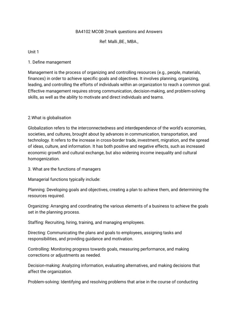 Management Concepts and Organizational Behavior MCOB - BA4102 - Important 2 Marks Questions With ...