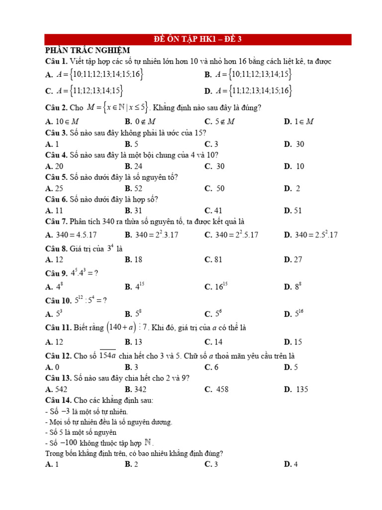 De On Hk1 - Toan 6 de 3 | PDF