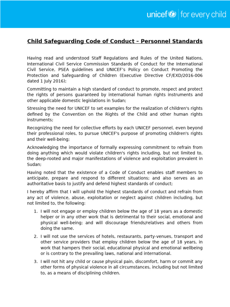 UNICEF Child Safeguarding Code of Conduct Form | PDF | Children's ...