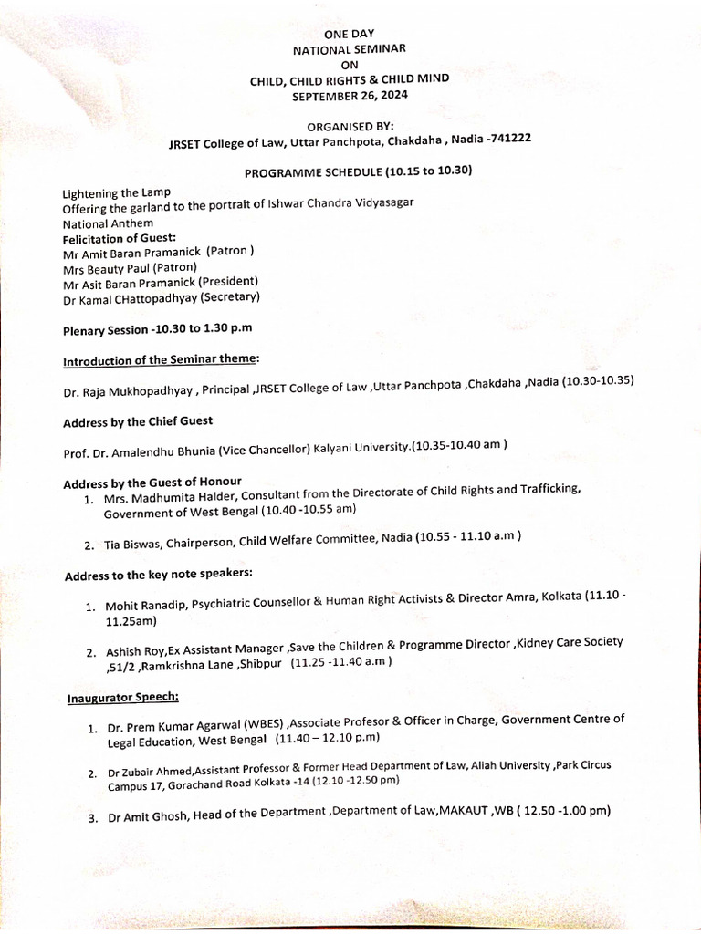 Schedule For One Day National Seminar JRSET College of Law. | PDF