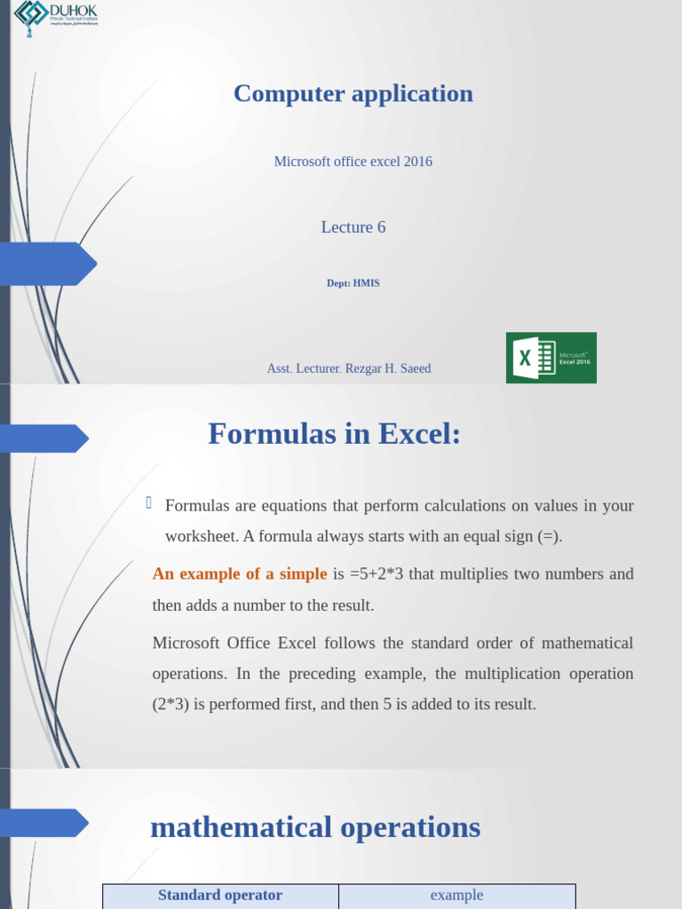 Computer Application: Microsoft Office Excel 2016 | PDF