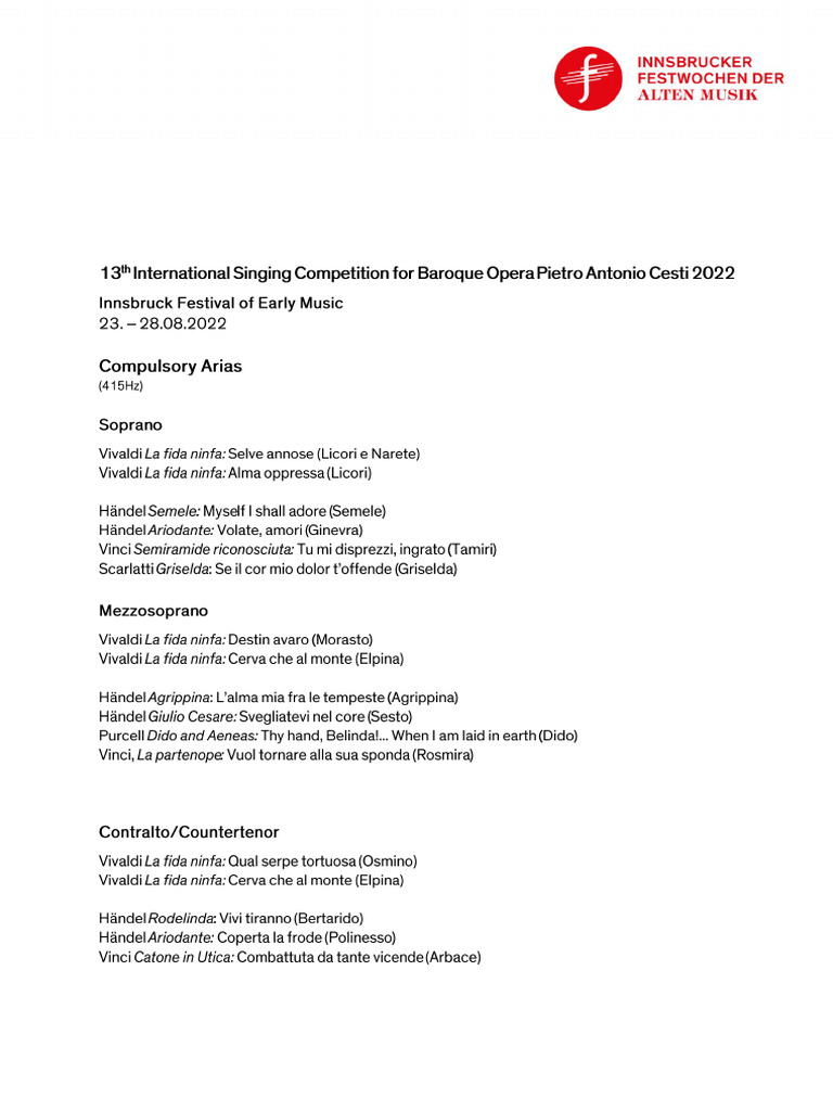 Pflichtarien Cesti-Wettbewerb 2022 | PDF