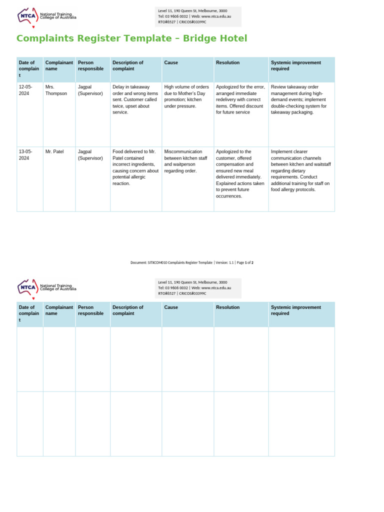 SITXCOM010 Complaints Register Template | PDF