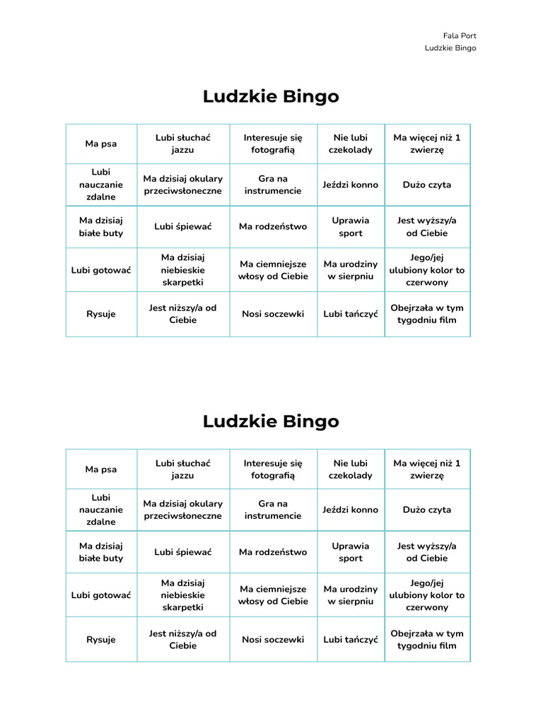 Ludzkie Bingo Karta Do Gry | PDF