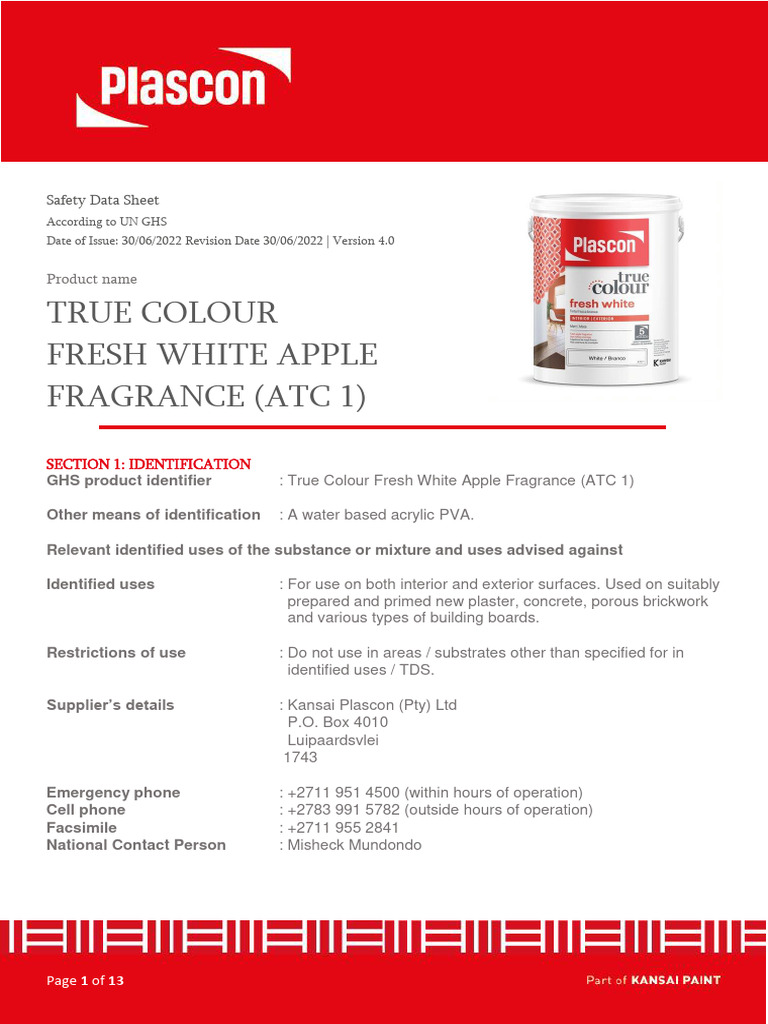 ATC 1 True Colour Fresh White Apple Fragrance SDS | PDF | Dangerous ...