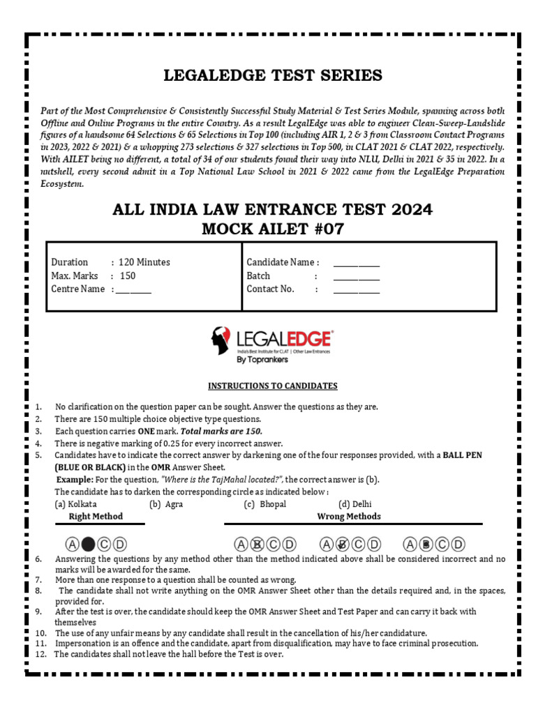 Mock AILET 07 Question Paper5393946 | PDF