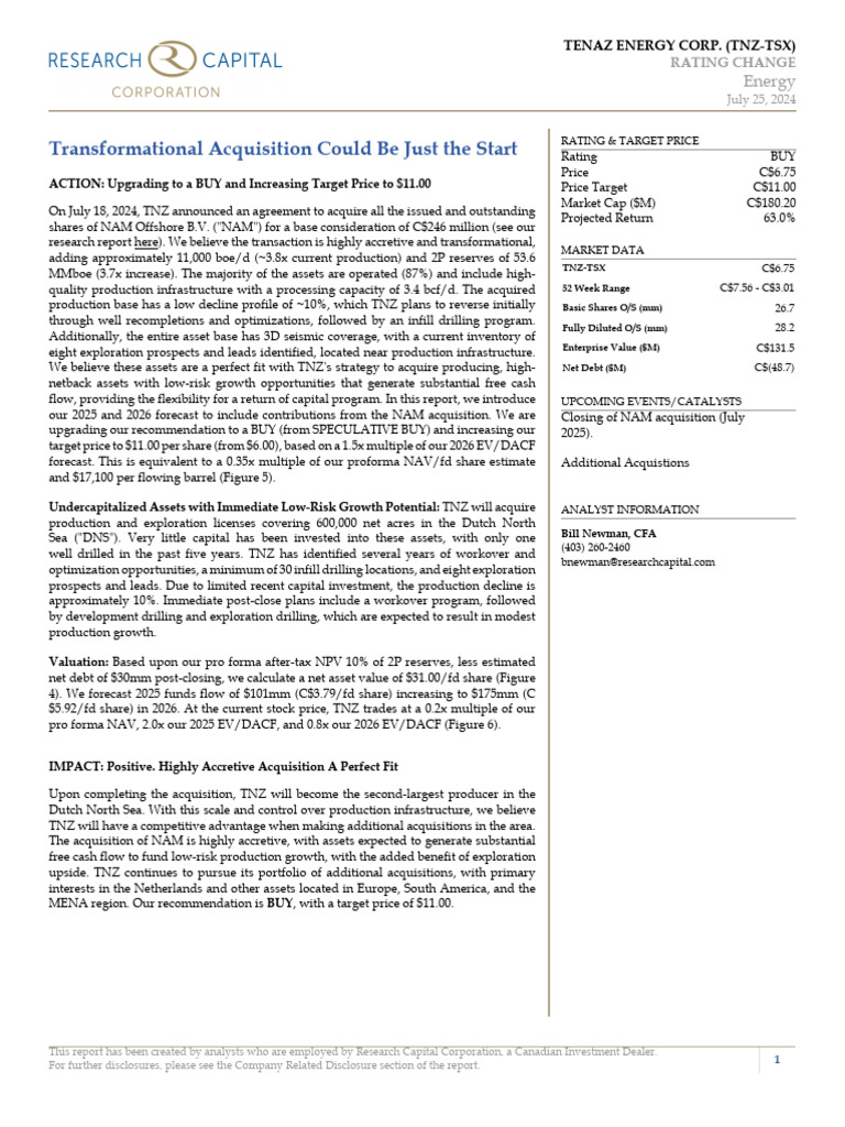 Tenaz Energy - Transformational Acquisition Could Be Just The Start | PDF