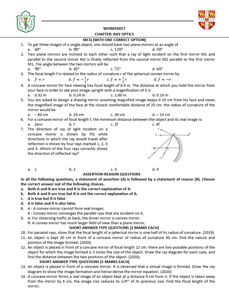 Worksheet RAY OPTICS | PDF