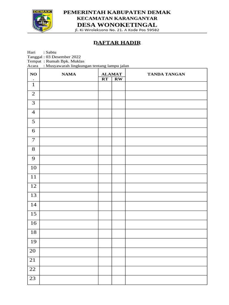 DAFTAR HADIR RT 2 | PDF