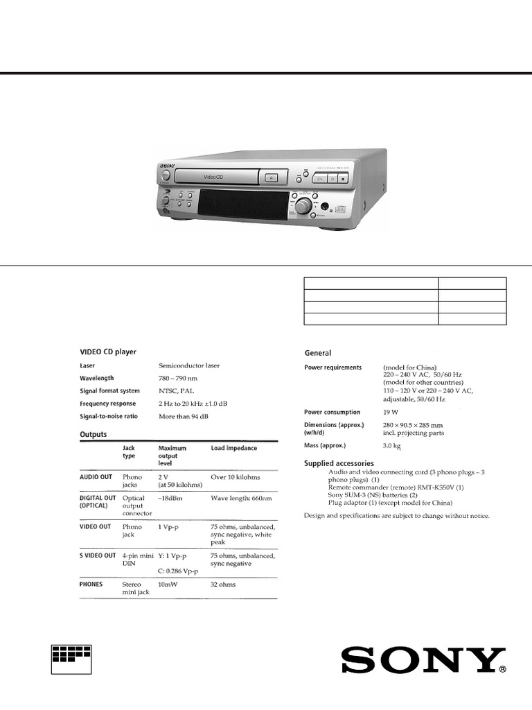 Sony Mce-S70 Video CD Player | PDF