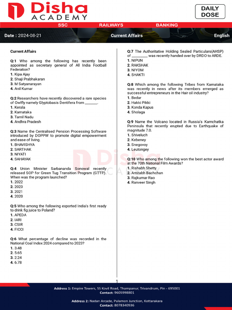 Current Affairs English 2024-08-21 Disha | PDF