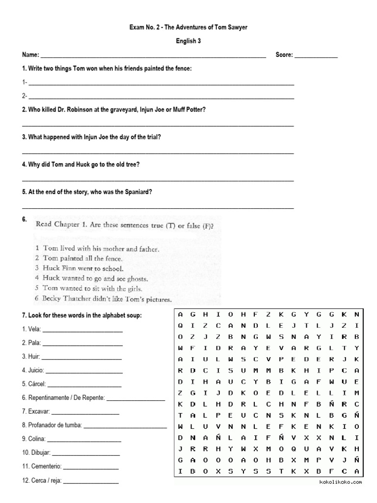 Exam No. 2 - The adventures of Tom Sawyer | PDF