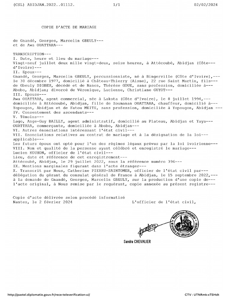 Copie Integrale Mariage 3832296 | PDF