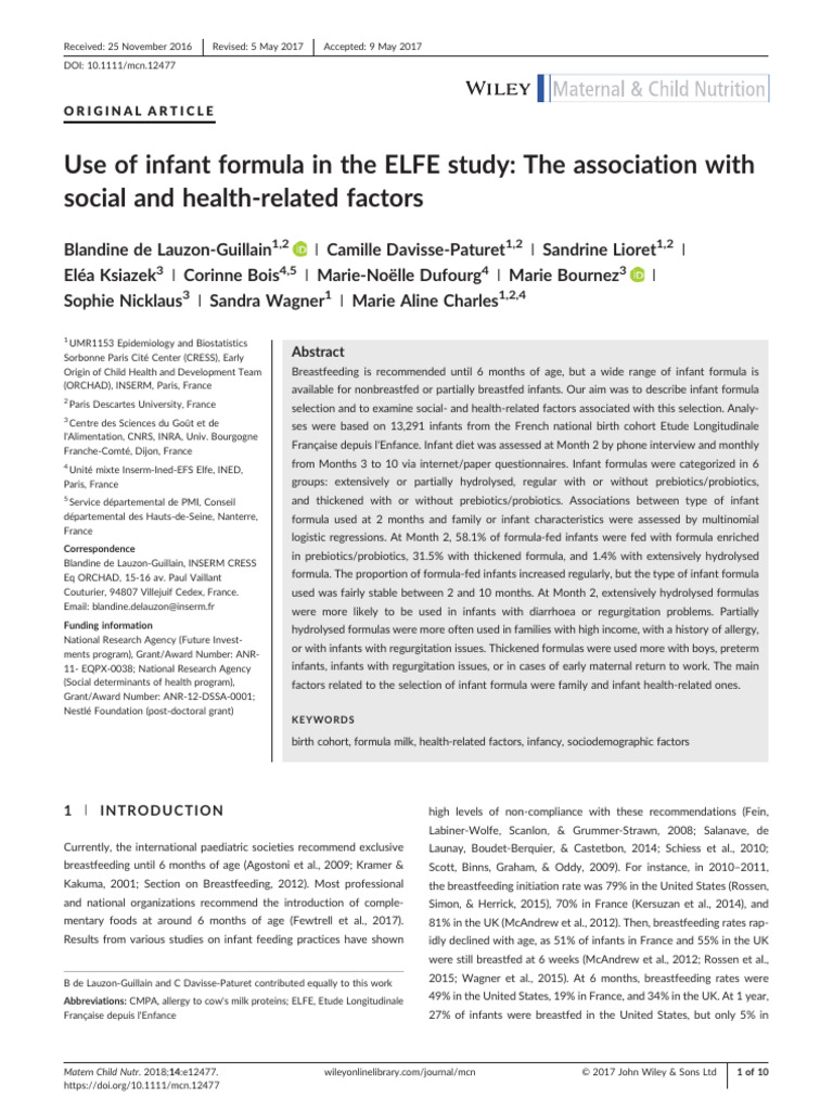 Use of Infant Formula in The ELFE Study: The Association With Social ...