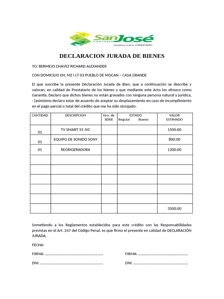 Declaracion Jurada de Bienes | PDF
