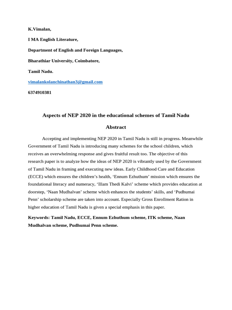 Aspects of NEP 2020 in The Educational Schemes of Tamil Nadu - K ...