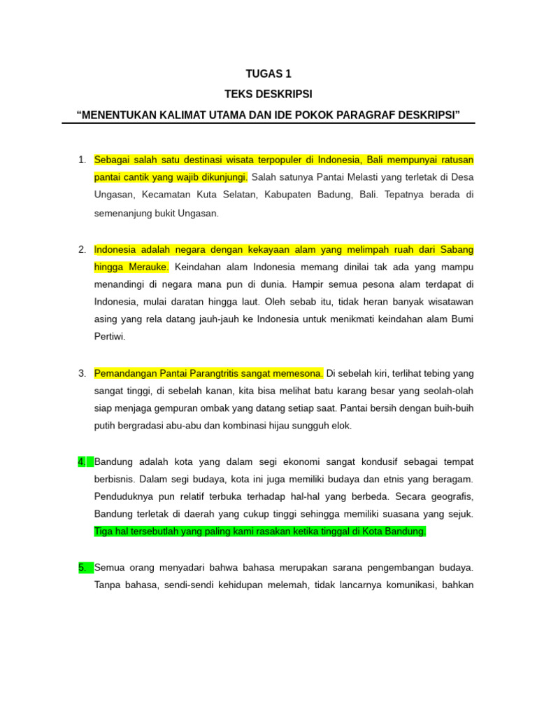 Tugas 1-Menentukan Kalimat Utama Dan Ide Pokok Paragraf | PDF