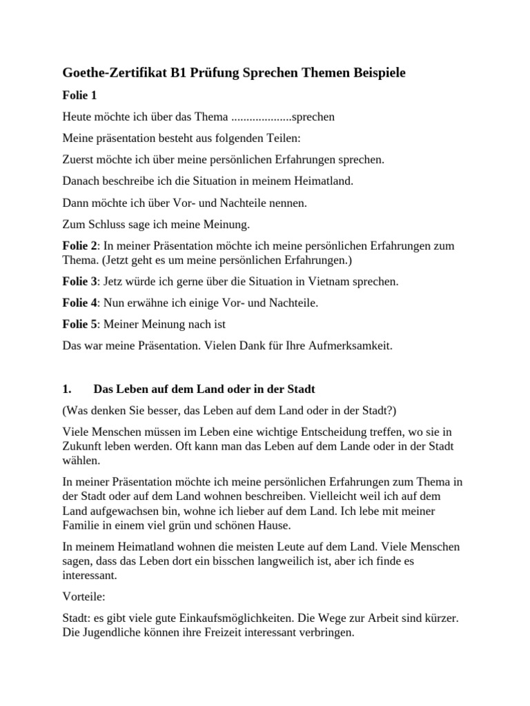 Goethe B1 Sprechen Themen Teil 2 | PDF