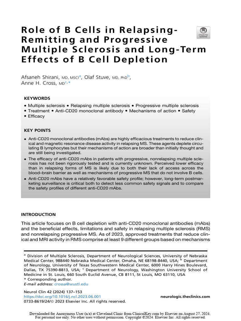 Role of B Cells in RelapsingRemitting and Progressive Multiple ...